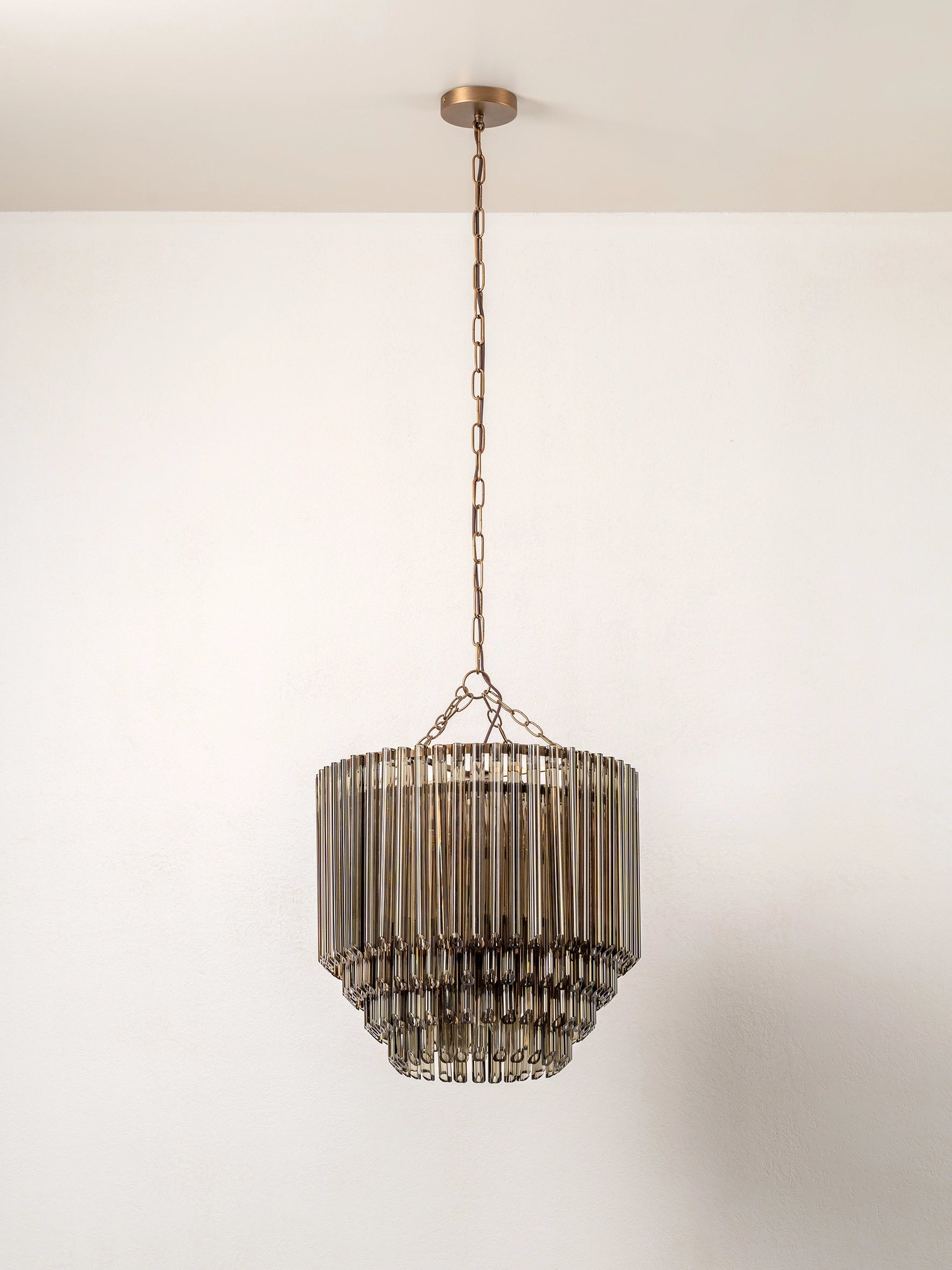 Petalia - 9 light aged brass and smoked green glass tube tall chandeli